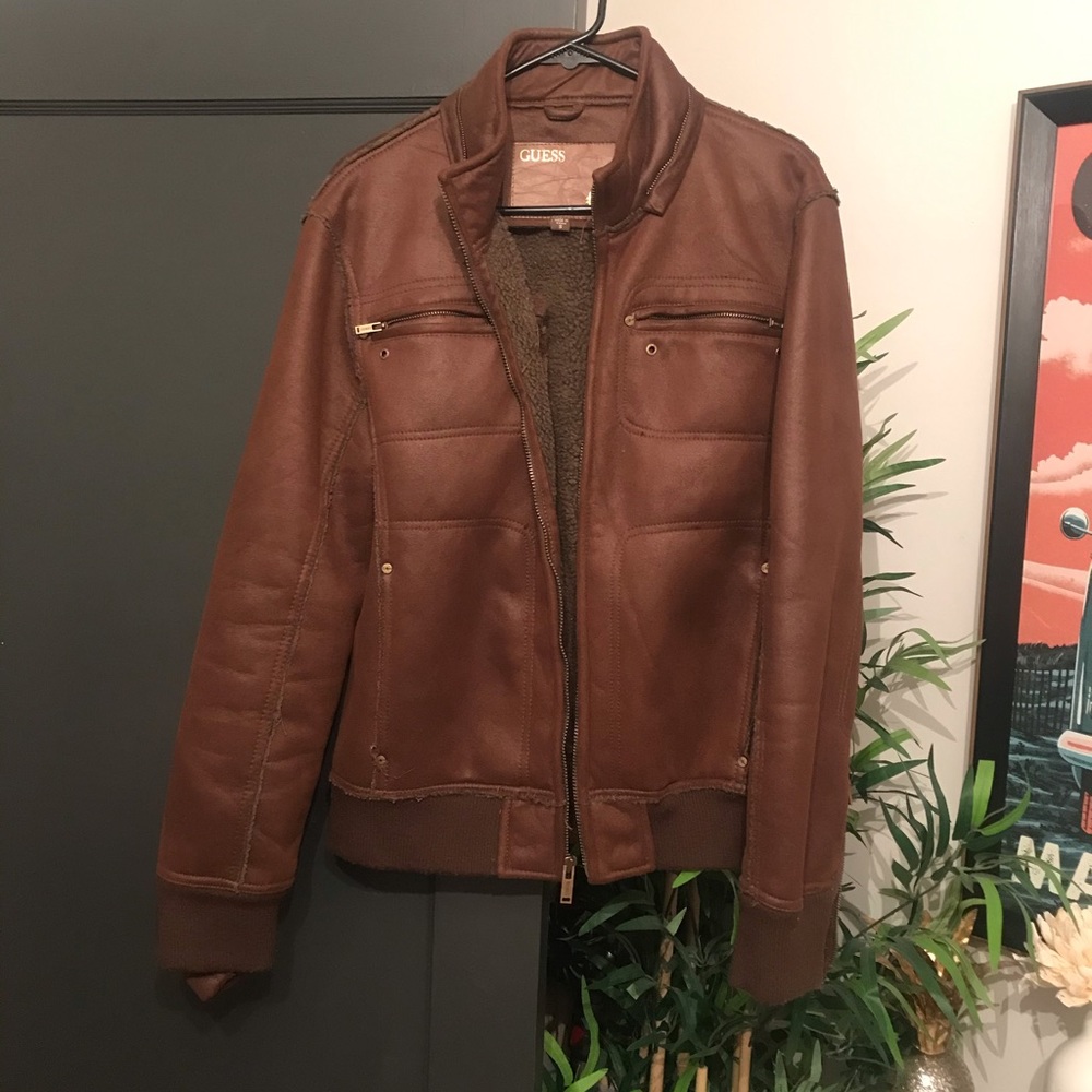 Guess Men’s Sheepskin Brown Bomber Jacket - Gem